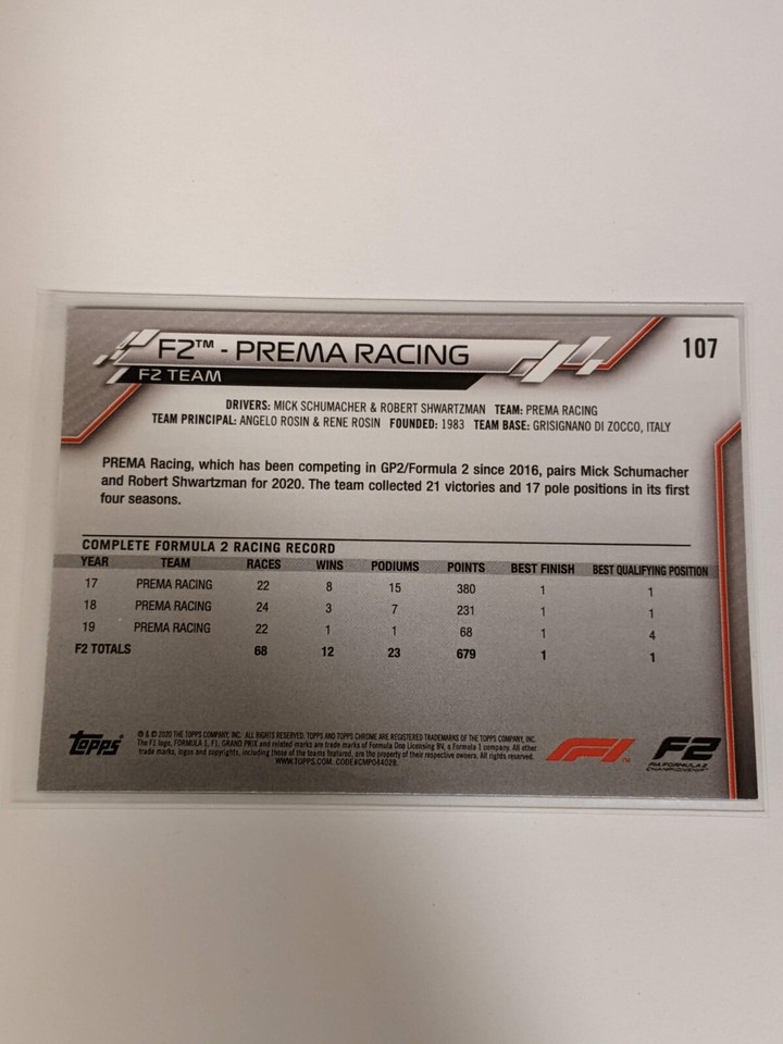 2020 Topps Chrome Formula 1 Racing F2 Prema Racing Team Card #107 | eBay