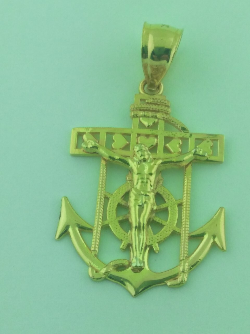 14K Solid Gold Anchor Pendant Charm Dije de Ancla con Cristo en oro 14K ...