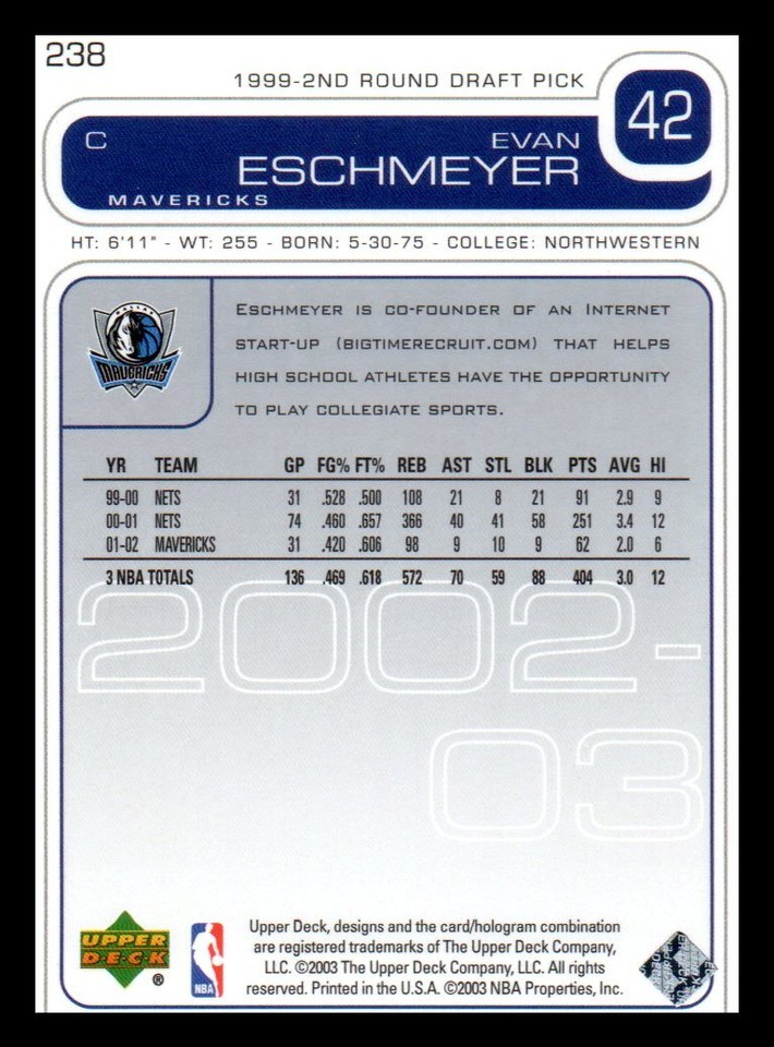 2002-03 Upper Deck #238 Evan Eschmeyer NBA Basketball Dallas Mavericks ...