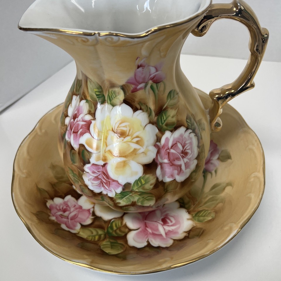 Vintage Lefton Heritage Brown Porcelain Pitcher And Basin Japan Gold ...
