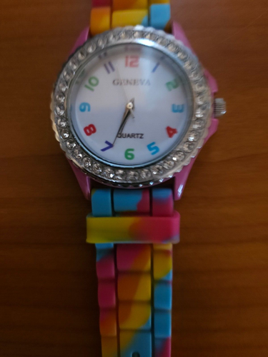 Women's Geneva Quartz Analog Watch w/ Rhinestones & Rainbow Silicone ...