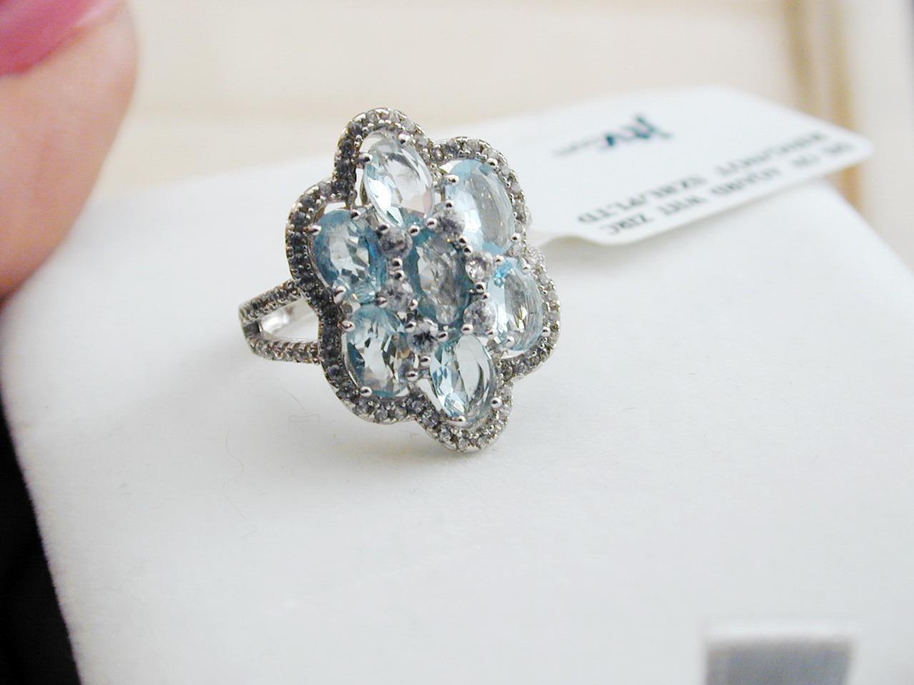 JTV Sterling 7 Oval Aquamarine White Zircon Cocktail Ring 6 New In Box ...