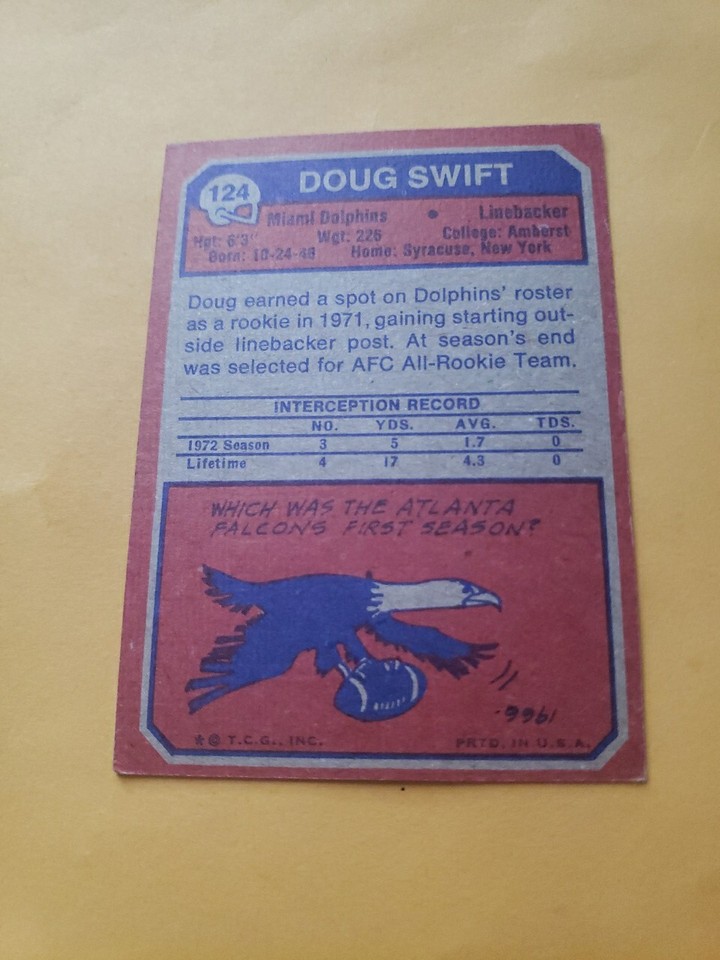 Doug Swift 1973 Topps #124 Miami Dolphins Very Good | eBay