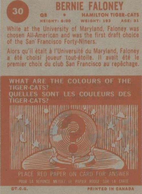 1963 Topps CFL Bernie Faloney #30 for sale | eBay