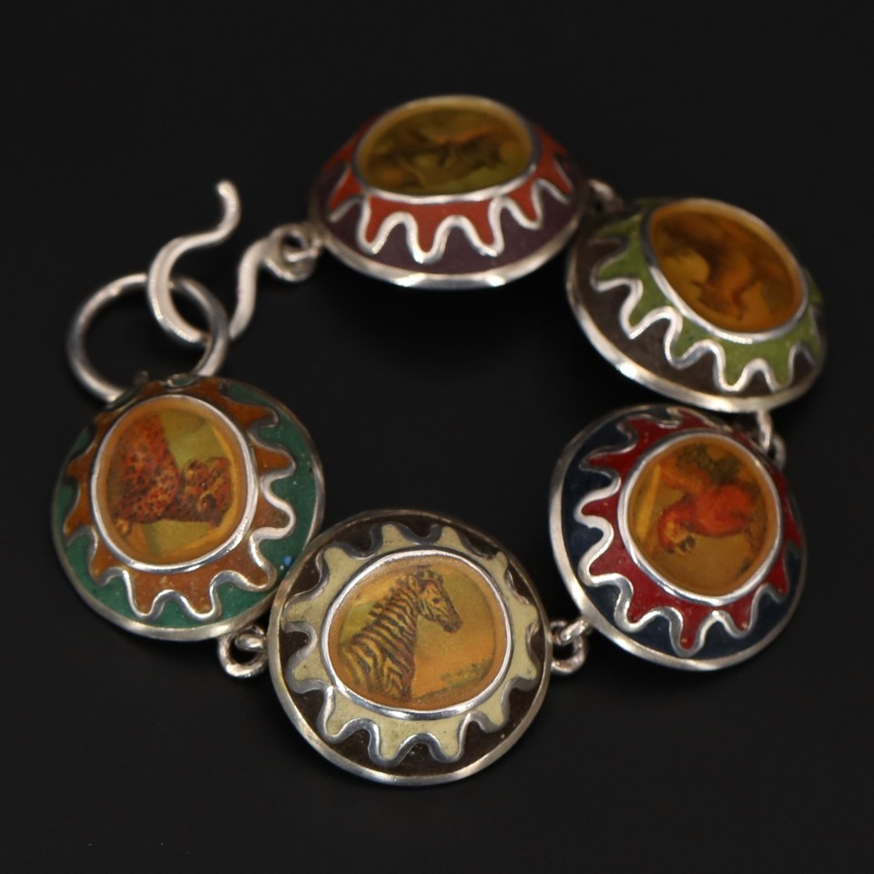 VTG Sterling Silver DAVID URSO Enamel Zebra Parrot Wolf 7" Chain ...