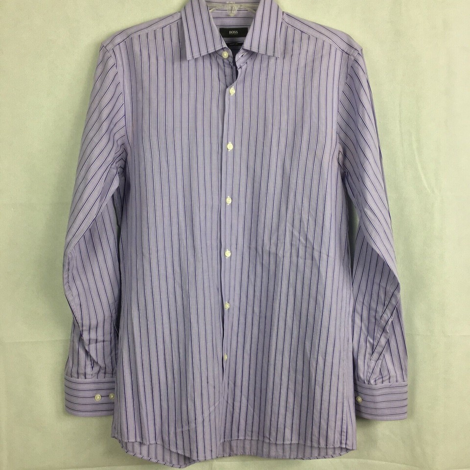 Hugo Boss Shirt Mens Sz 15 32 33 Purple Striped Sharp Fit Long Sleeve ...