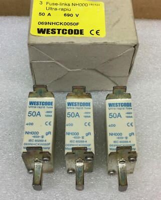 WESTCODE NH000 FUSE LINK 50A 690 VAC 069NHCK0050H [SET OF 3] NEW IN BOX ...