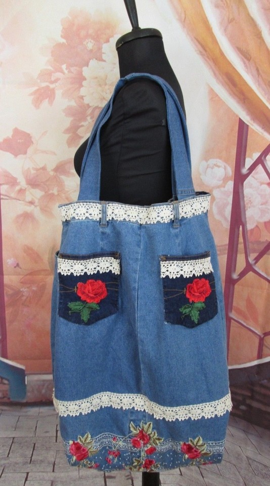 Custom Handmade Denim Blue Jeans Long Handbag with Roses and Lace 20" W ...