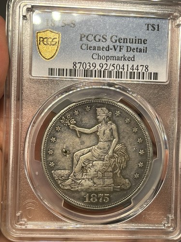 1875 S US Trade Dollar Silver Coin PCGS VF Cleaned Chop marked High ...