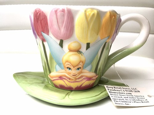 3D Tinkerbell Tea Cup Mug and Leaf Saucer Disney Store Fairies tulips ...