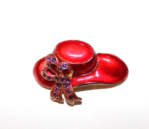 Schöne Vintage Damen Brosche rot Hut mit lila Strass goldfarben (M5 ...