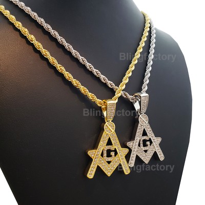 Hip Hop Iced Bust Down Masonic Freemason Pendant & 4mm 24" Rope Chain ...