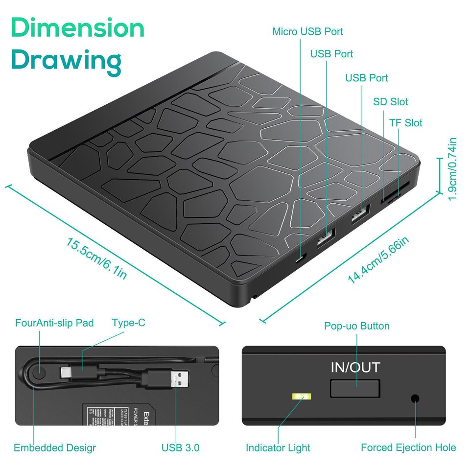 USB 3.0 Slim External CD DVD Drive Disc Burner Writer Recorder For ...