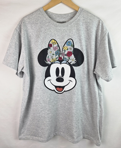 Disney Women's Shirt Size XL Gray Minnie Mouse Floral Embroidered Short ...