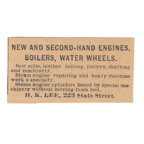 H.K. Lee Engines, Boilers, Water Wheels Hartford 1901 Newspaper Ad AD8 ...