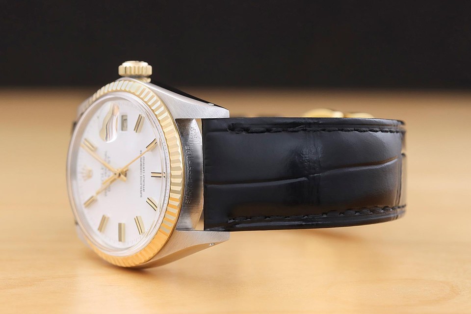 ROLEX DATEJUST 16013 18K GOLD STEEL WHITE DIAL w/ BLACK LEATHER STRAP ...