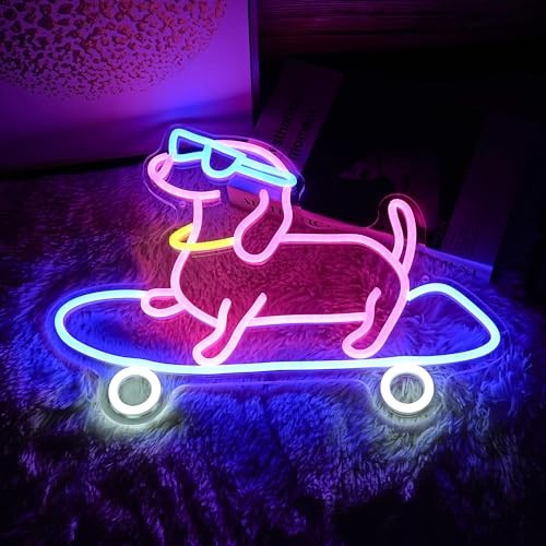 Skateboard Dog Neon Sign Cute Glasses Dog LED Neon Light Blue Pink ...