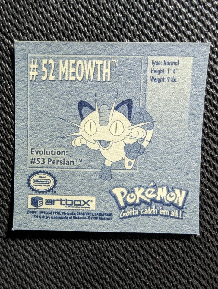 Meowth #52 Pokemon 1999 Artbox Sticker NM | eBay