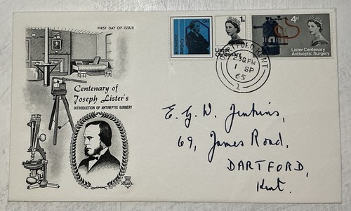 GB QEII 1965 Joseph Lister Ord Stuart FDC Dartford Kent CDS HW Add Cat ...