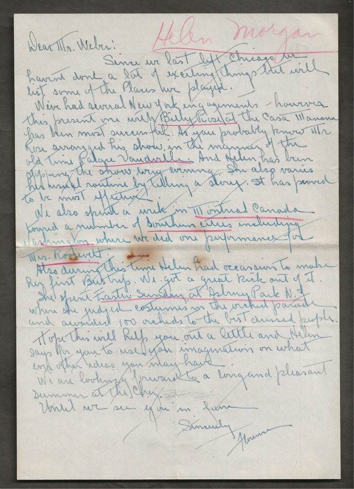 1930'S HELEN MORGAN ORIGINAL CHEZ PAREE LETTER | eBay
