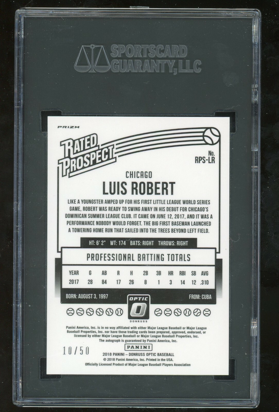 Luis Robert Auto Rookie 2018 Donruss Optic Red Serial #d /50 SGC 10 ...