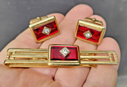 Anson Cufflinks Tie Bar Set Gold Filled Red Glass w Rhinestones 1950s ...