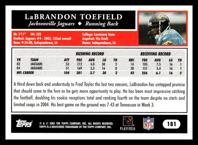 2005 Topps - #181 LaBrandon Toefield for sale online | eBay