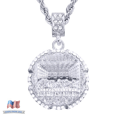 Men's Silver Tone Icy Last Supper Medallion Pendant 24" Chain Necklace ...