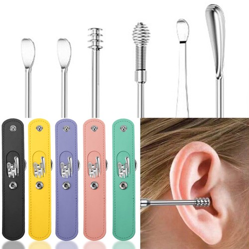 6Pcs Stainless Steel Ear Pick Set Tool Spiral Wax Remover Leather Bag ...