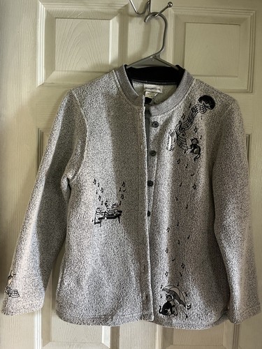 Vintage Cat & Music Cardigan Sweater Embroidered BonWorth Cat Lover XS ...