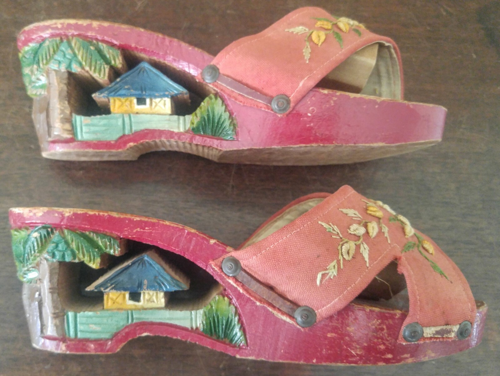 Vintage 1940s Asian Carved Tiki Hut Palm Trees Open Toe Wood Clog Bakya ...