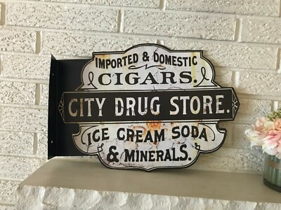 Antiqued Old City Drug Store Double Sided Flanged Country Steel Sign 13 ...