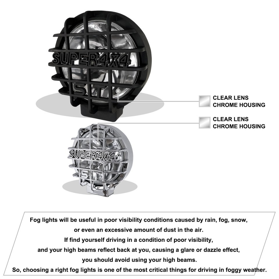 Fog Lights Fits Pair 6" Work Clear Chrome Super 4X4 Guard w/Wire & On ...