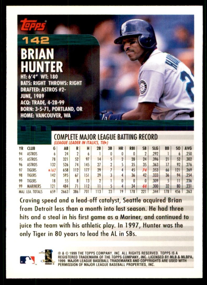2000 Topps Brian Hunter Baseball Card Seattle Mariners #142 | eBay