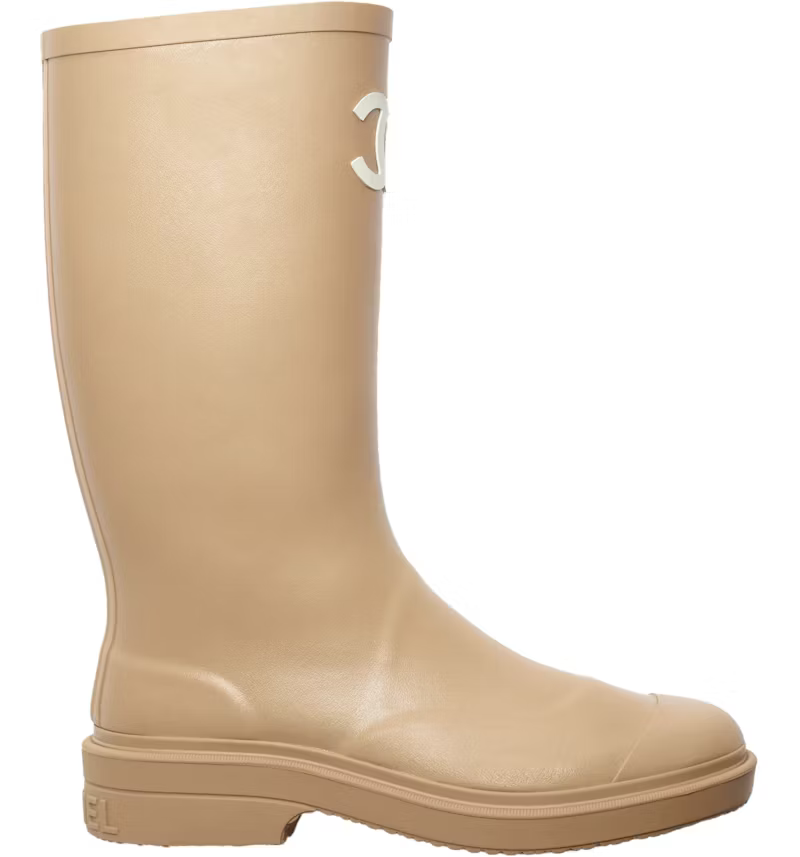 Chanel REV Beige White Wellington Wellies CC Logo Pull On Rubber Rain ...