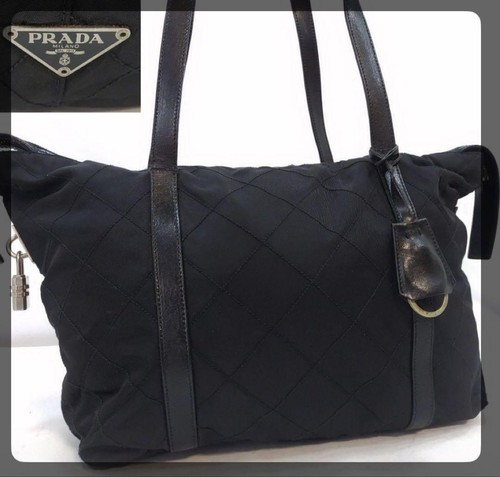 Prada Tote Bag Quilted Leather Nylon A4 Compatible Shoulder Bag Black with Key | eBay