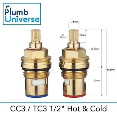 Quarter Turn 1/2" Tap Cartridges A2 Hot and Cold 20 Teeth 7.6mm - CC3 ...
