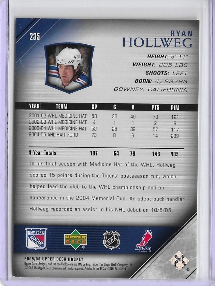 2005-06 Upper Deck Ryan Hollweg Young Guns RC Rookie Card# 234 New York ...