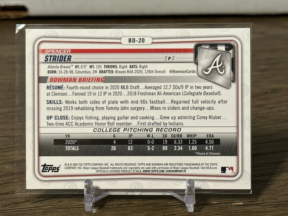 BB SPENCER STRIDER BRAVES 2020 BOWMAN DRAFT 1ST BOWMAN PAPER PROSPECT ...