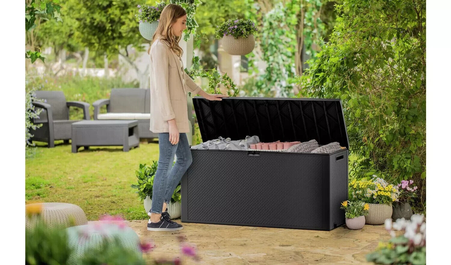 Grey Garden Storage Bench Keter Lockable 277L XL Waterproof Outdoor Box ...