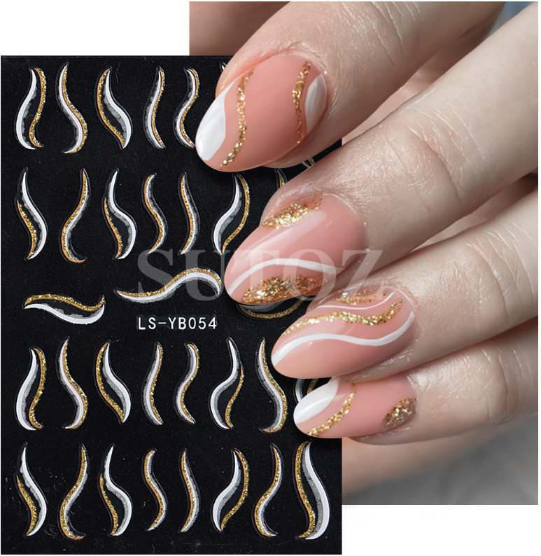 3D Glitter Gold Line Nail Art Stickers Decals French Tip Wavy Fringe ...