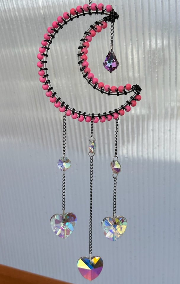 New Handmade PINK & BLACK Glass Beads Crystal MOON Suncatcher Window ...