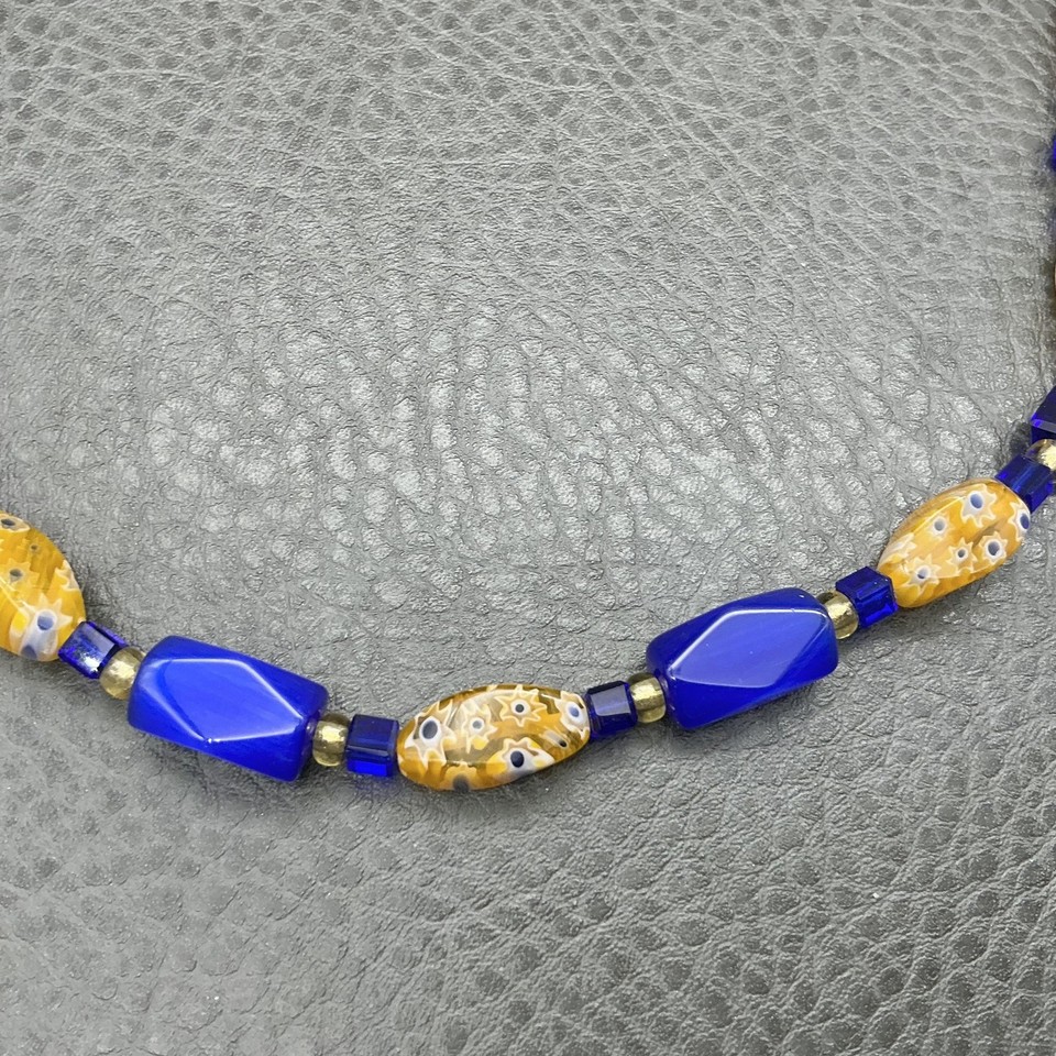 Art Glass Beaded Necklace Cobalt Blue Yellow Millefiori Style Toggle ...