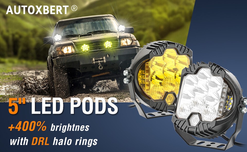 2pcs 5" LED Work Light Bar Amber Pods DRL Round Offroad Driving Truck ...