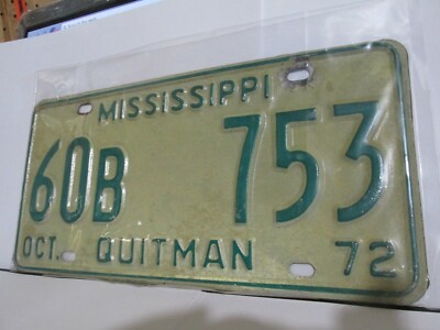OLD ANTIQUE VINTAGE MISSISSIPPI LICENSE PLATE CAR TAG 1972 QUITMAN ...