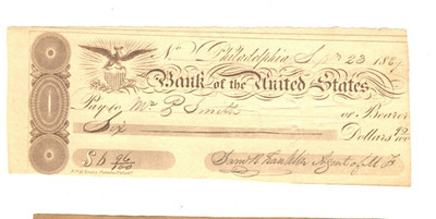 PHILADELPHIA Bank of the United States (2nd) September 23, 1829 check ...