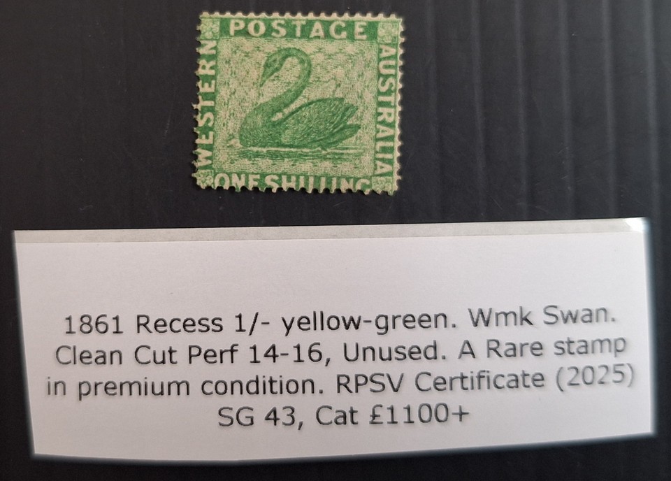 1861 Western Australia 1/- Yellow Grn Swan stamp Clean Cut perf 14-16 ...