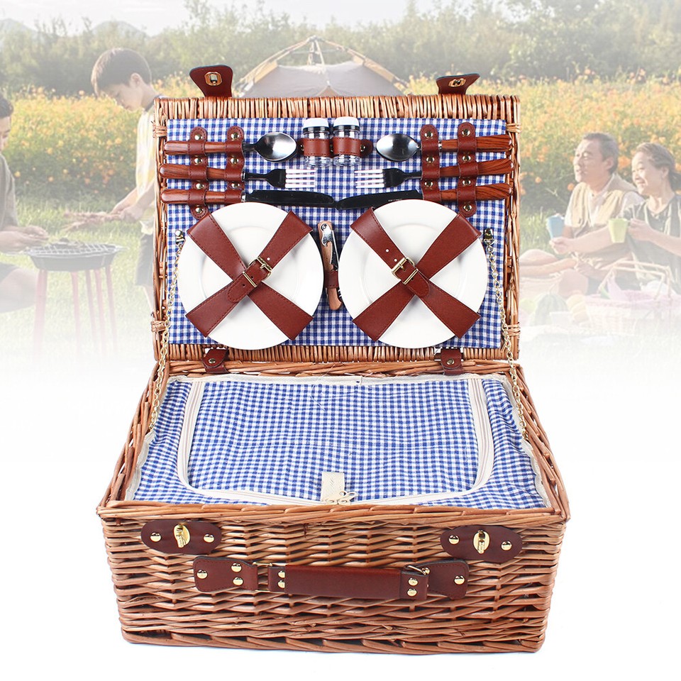 Portable 4 Persons Willow Basket & Picnic Ware Set Insulated Picnic ...