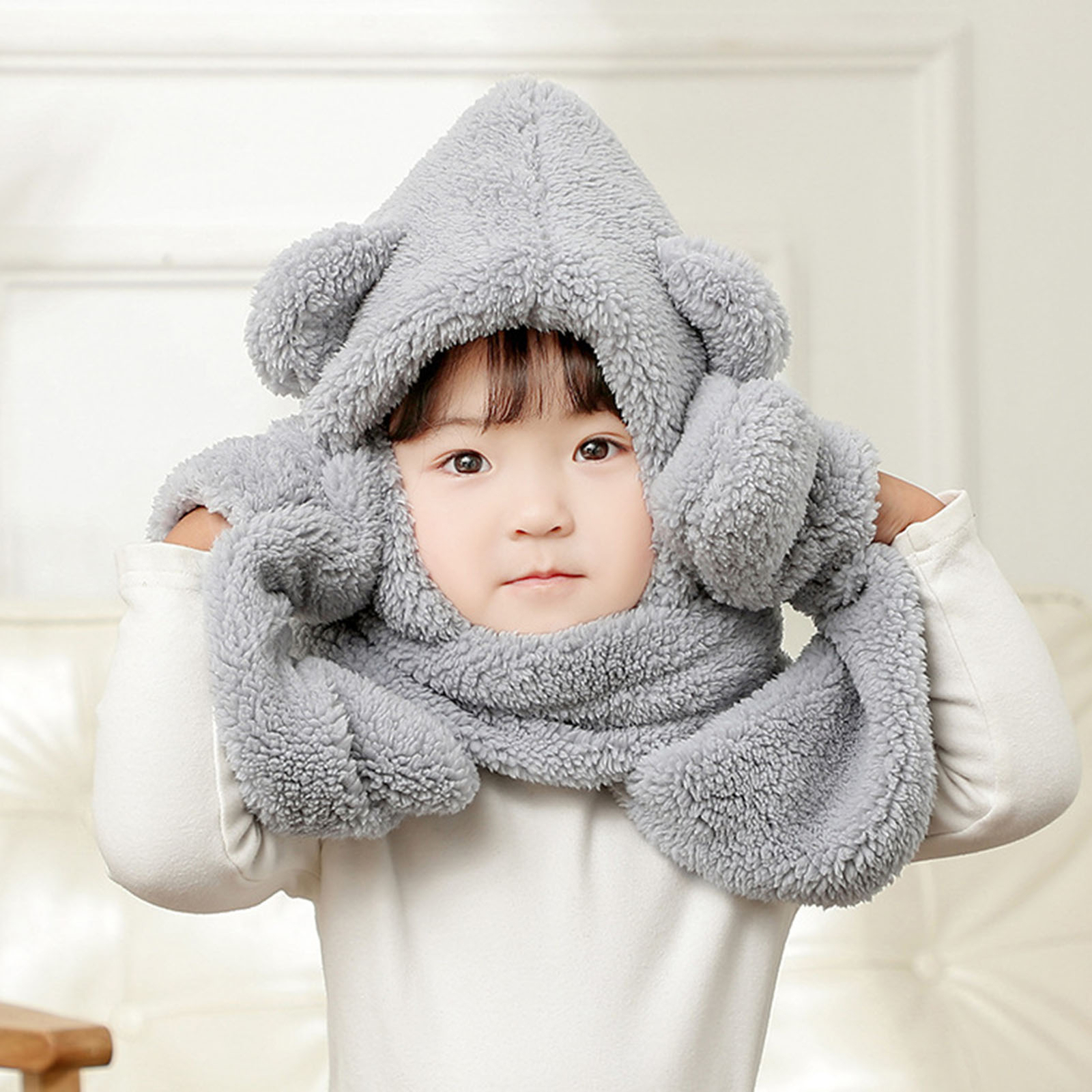 Plush Scarf Cap Casual Coldproof Cute Fluffy Neck Scarf Gloves Hat ...