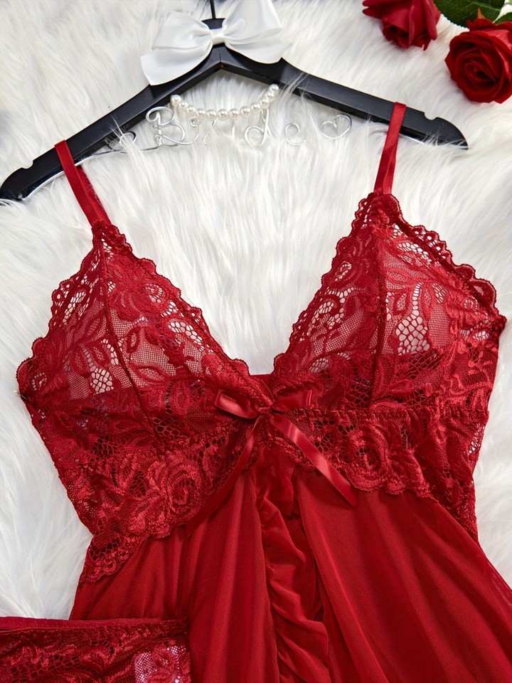 Babydall Lingerie Set Red Lace Sexy Two Piece Sleepwear Nightdress + G ...